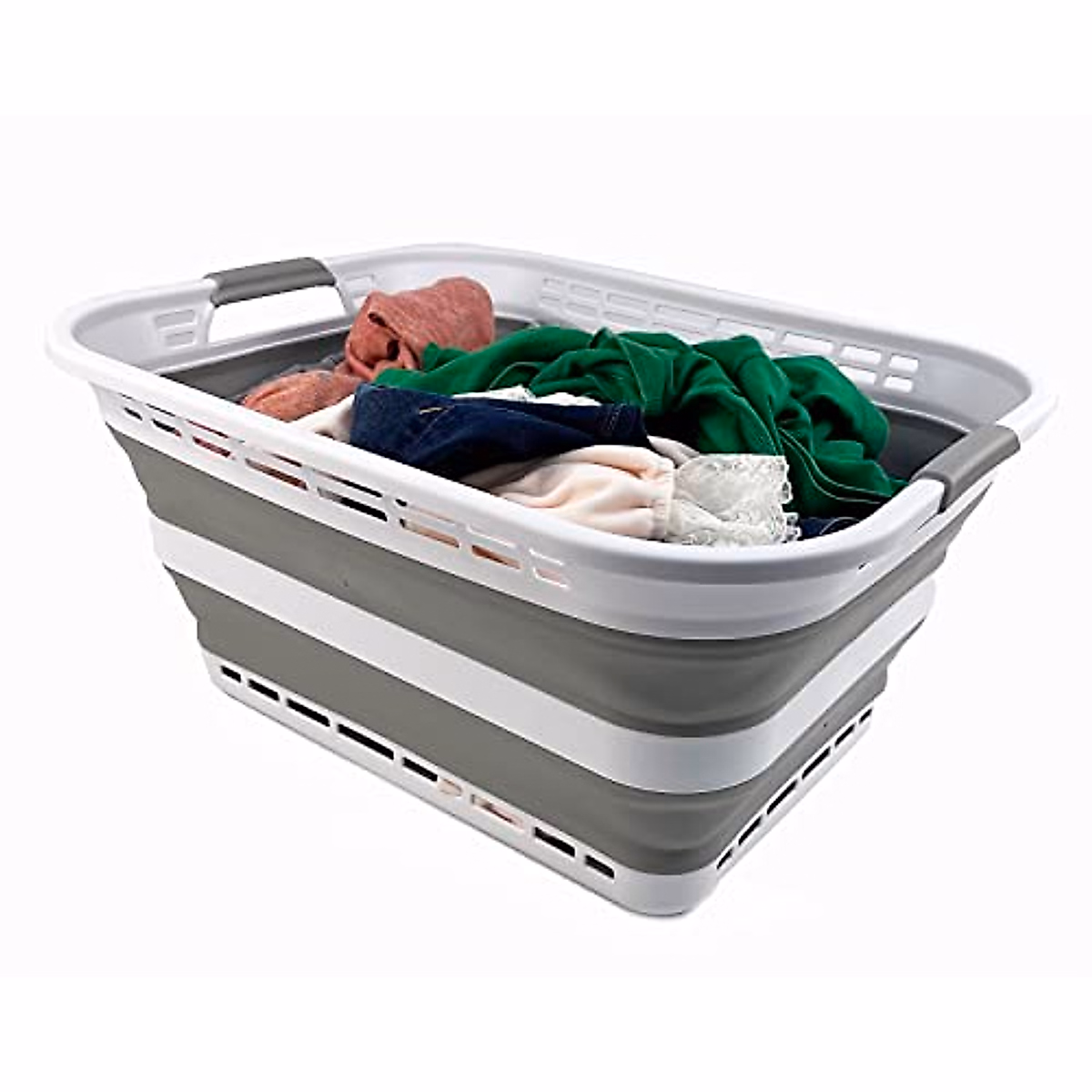 SAMMART 42L (11 Galloons) Collapsible Plastic Laundry Basket - Foldable Pop Up Storage Container/Organizer - Portable Washing Tub - Space Saving Hamper/Basket [BPA Free] (White/Grey)