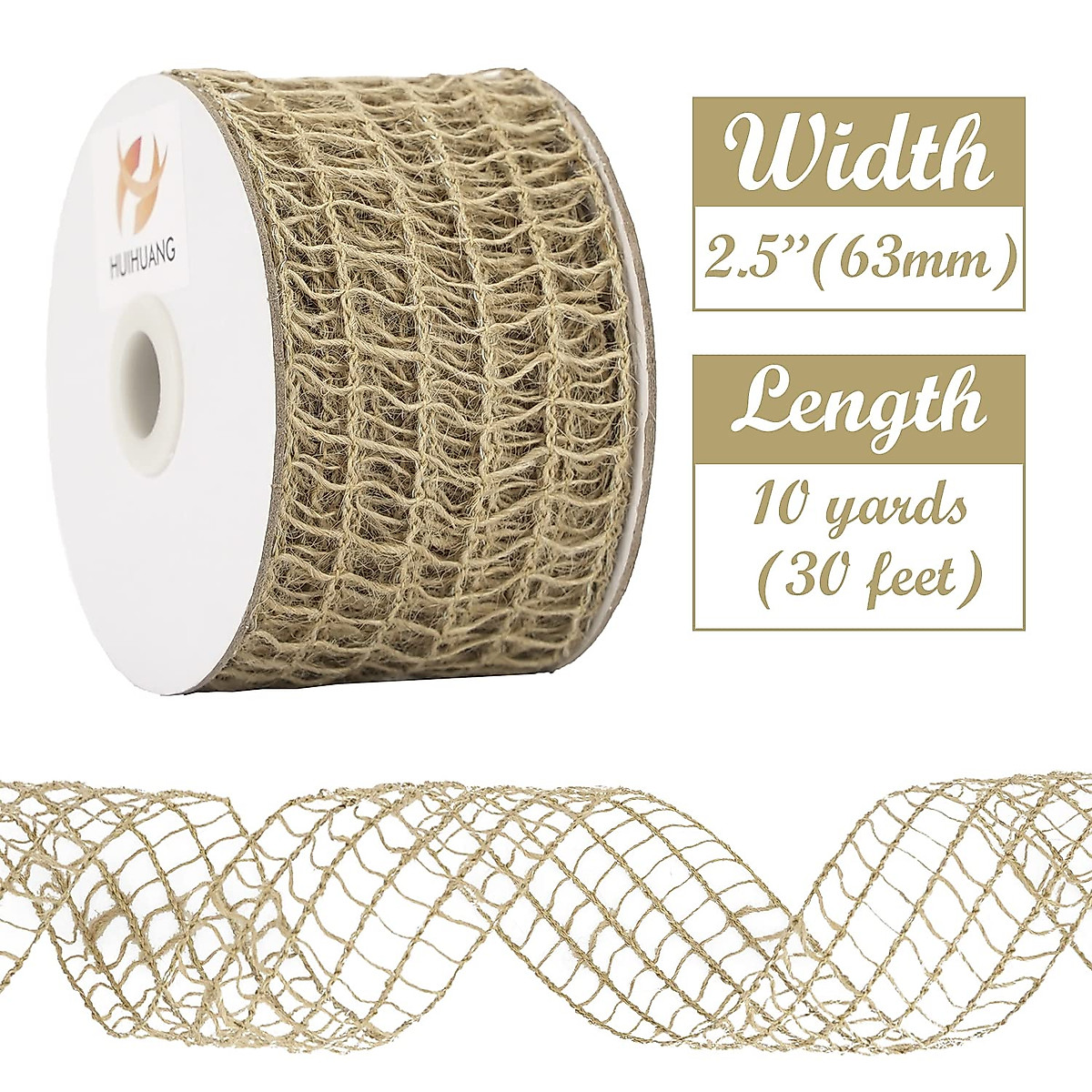 HUIHUANG Mesh Burlap Wired Ribbon With Edge - Rustic Jute Netting 2.5 Inch for Wreaths, Bows, Christmas Tree, Fall Wreath, Crafts, Gift Wrapping, Home Decor - 10 Yards