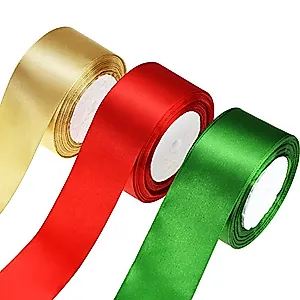 3 Rolls Wide Christmas Satin Ribbon Double Face Polyester Satin Ribbon Solid Satin Ribbon for Christmas Wedding Mother's Day Gift Wrapping Crafts Hair Bows, Party Favors … (2inch, Red, Green,Gold)