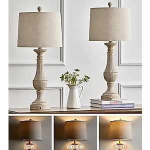 PoKat 27.75" Farmhouse 3 Way Dimmable Touch Table Lamp Sets of 2 Rustic Classic Bedside Nightstand Wood Lamps for Living Room Bedroom with 2 USB Ports Washed White (2 Bulbs Included)