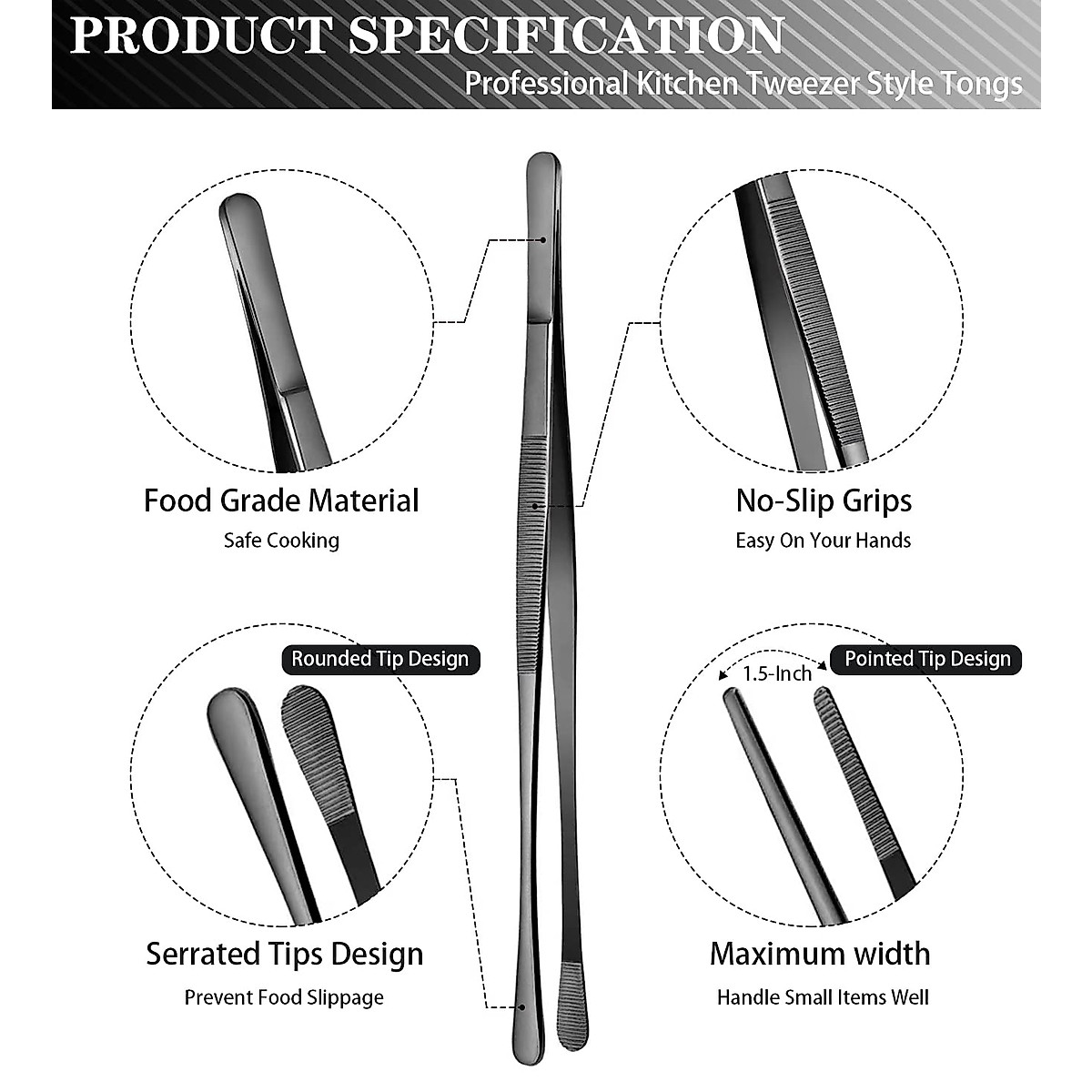 JETKONG 2 Pcs 12-Inch Kitchen Tweezers Tongs with Precision Serrated Tips, Stainless Steel Chef Tweezer Professional Cooking Tweezers for BBQ, Plating and Serving (12-Inch, Black)