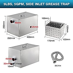 IRONWALLS 9LBS 5GPM Commercial Grease Traps Interceptor, Side Inlet Stainless Steel Grease Interceptor, Under Sink Grease Trap Oil-Water Separator for Home Kitchen, Restaurant, Cafe, Factory