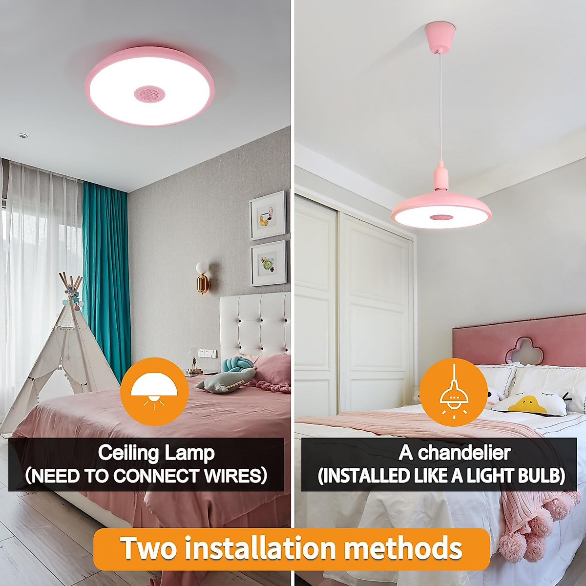 ASALL Pink Waterproof LED Ceiling Light Fixture,Music Ceiling Lamp,with Bluetooth Speaker,11Inch 18W, 2700K-6500K Dimmable RGB Color Changing Light with Remote Control,Suitable for Girls' Room