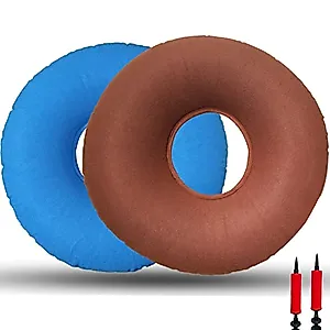 2 Pack Donut Pillow for Tailbone Pain, Hemorrhoid Seat Cushion, Inflatable Donut Cushion Seat with A Pump, Round Wheelchairs Seat Cushion for Home, Car or Office Chair (15" Light Blue & Brown)