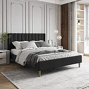Zoophyter Upholstered Platform Bed Frame Queen Size with Headboard,Strong Wooden Slats Support No Box Spring Needed Easy Assembly Black