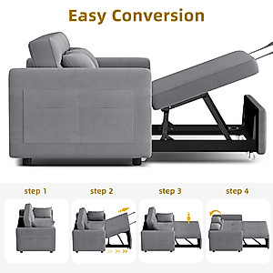 DWVO 55" Cat-Scratch-Proof Fabric Sofa Bed, 3-in-1 Sleeper Sofa with Pull-Out Bed, Convetible Futon Couch with Adjustable Backrest and Side Pocket, Loveseat for Living Room Apartment, Grey, Full Size