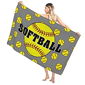 LOTSFUNS Softball Beach Towel Yellow Softball Sports Balls on Grey Bath Towels, Personalized Softball Accessories for Girls Kids, Lightweight Quick Dry Sandproof Pool Towels, Oversized 31.5x51.2