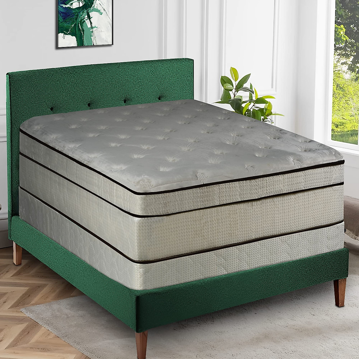 Greaton 11 Inch Hybrid Firm Foam Encased Mattress with 8" Box Spring, Eurotop with Soft White Teddy Bear Fabric Cover for Cool Sleep and Pressure Relief, Firm Feel with Motion Isolation, Full XL