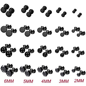 LOYALLOOK 40Pairs Silver Black Tone Stainless Steel Stud Earring for Men Women CZ Round Ball Earring Piercing Set,2-6mm