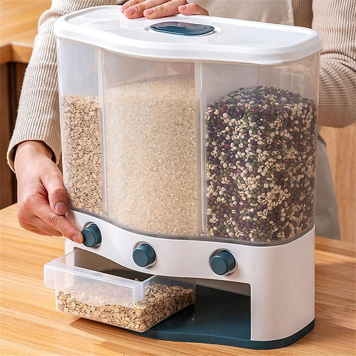 BhshuidlS Dry Food Dispenser Container 3 Grid Rice Storage Dispenser Container Grain Dispenser for Small Granular Grains