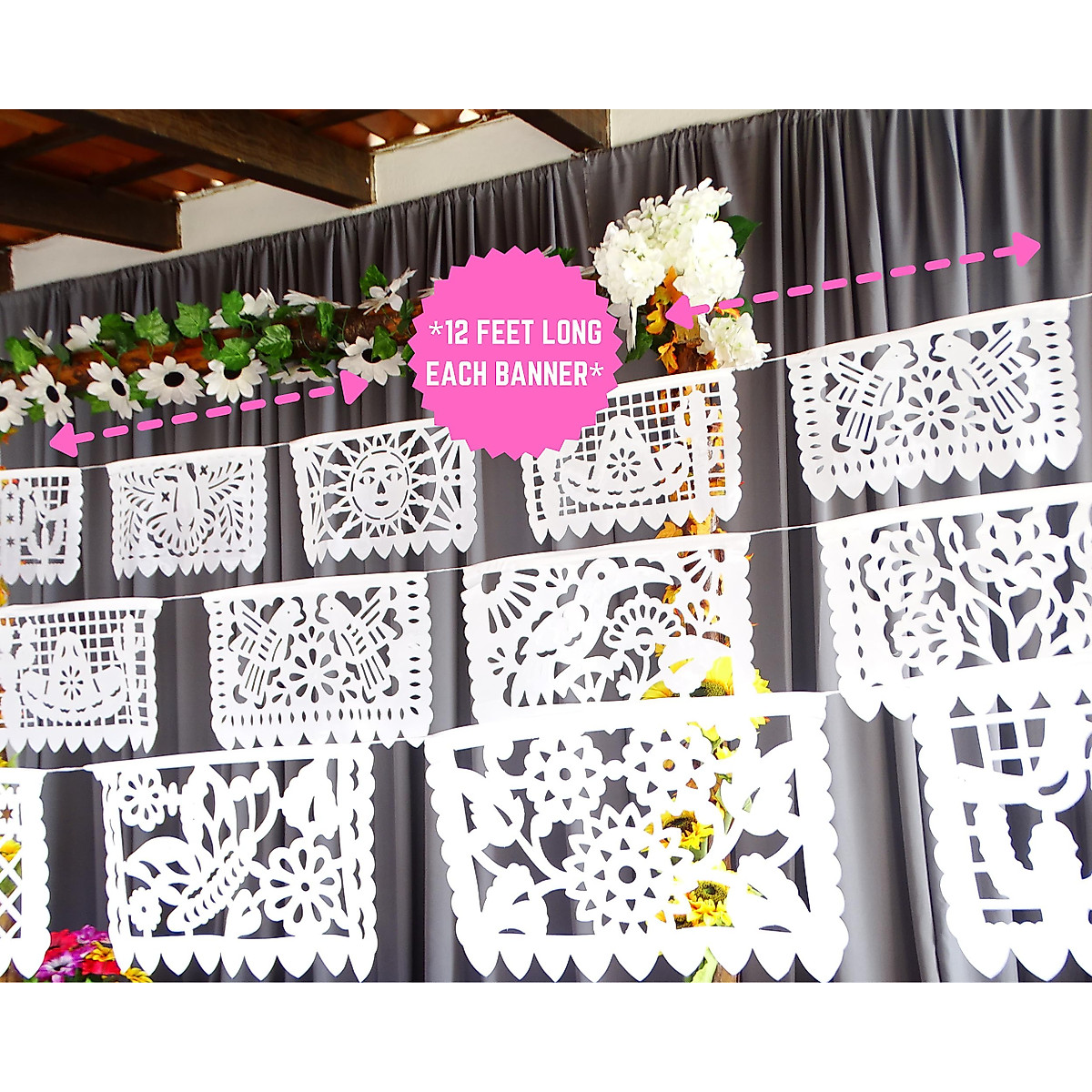 White Papel Picado Banner - Plastic Papel Picado Banner, garland, bunting, streamers - Fiesta Decorations - Mexican white Decorations for mothers day, bridal shower, weddings 5 pack/60 feet