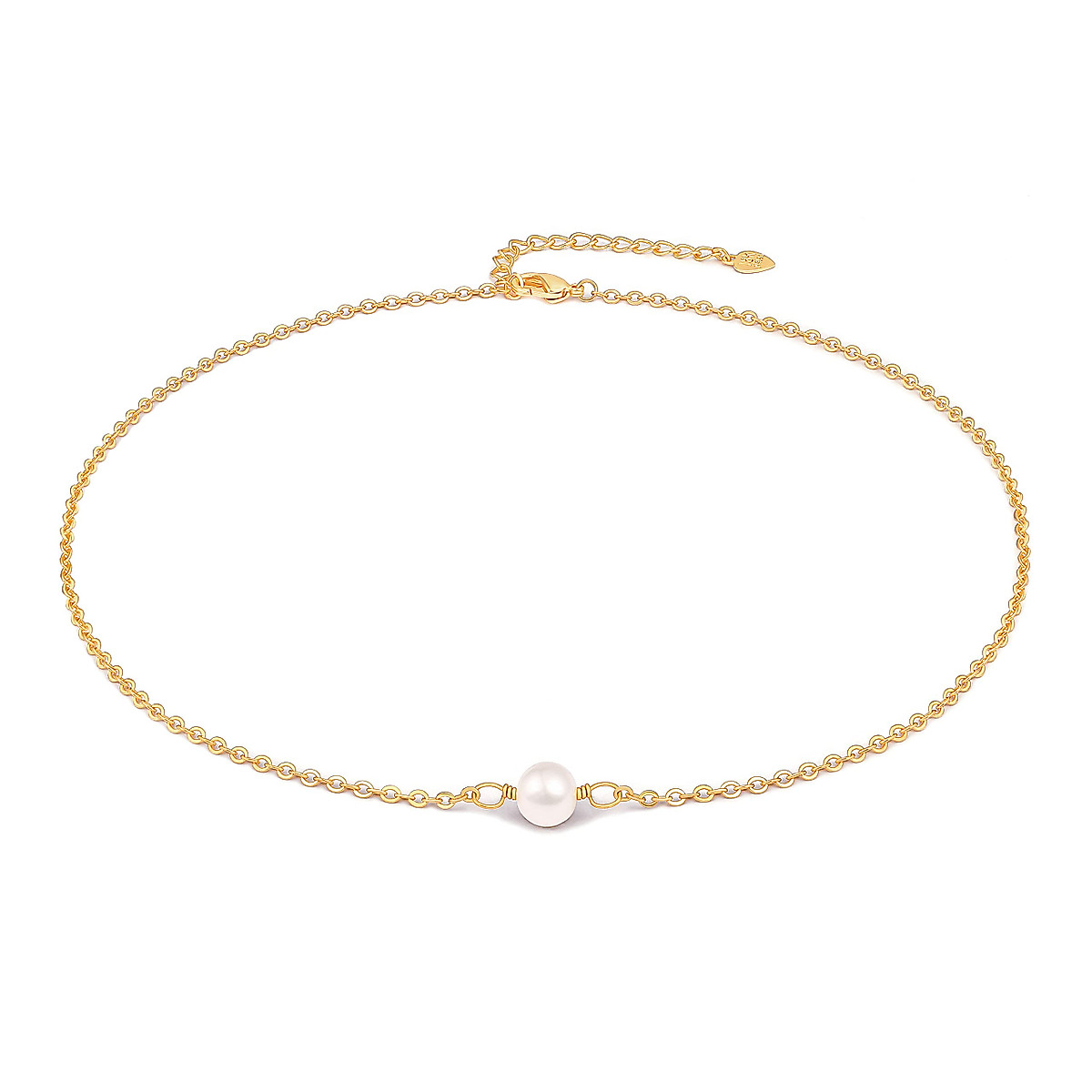 Aobei Pearl Single Cultured Pearl Choker 18K Gold Chain White Bead Necklace Layering Minimalist Jewelry for Women 15’’
