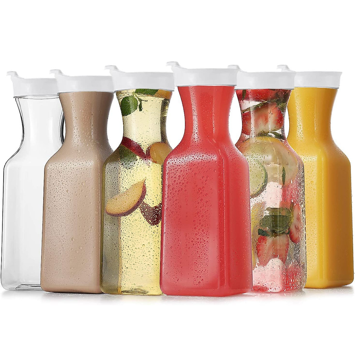 DilaBee Plastic Water Pitcher With Lid - 6 Pack - 32 Oz Carafe Pitchers for Drinks, Milk, Smoothie, Iced Tea Pitcher, Mimosa Bar Supplies - Juice Containers with Lids for Fridge - Food Grade BPA-Free