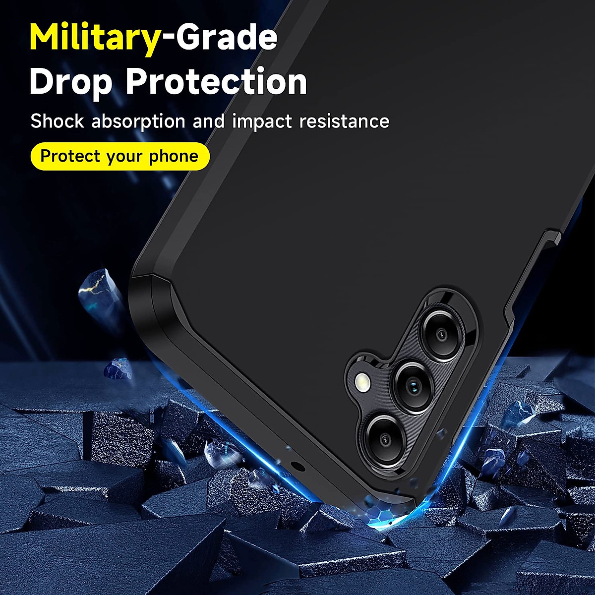 Huness 3 in 1 Case for Galaxy A14 with Tempered Glass Screen Protector, Camera Lens Protector and Silicone Protective Cover - Black