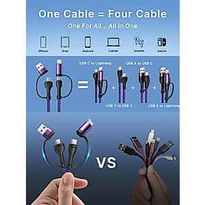 4 in 1 Fast Charging Cable 60W 6FT Apple MFi Certified USB C to Lightning Cable Nylon Braided USB A/C to C/Lightning Cable Multi iPhone Charger Cord for iPhone 16 15 14 13 Pro/iPad/Samsung/MacBook