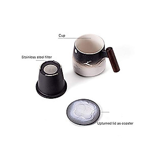 TANG PIN Moon Deer Ceramic Tea Mug with Infuser and Lid Coffee Mug with Strainer and Wooden Handle 14.5 OZ (Black&Blue)