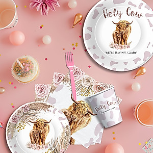 Xenorik Highland Cow Baby Shower Decorations Tableware - Holy Cow Baby Girl Party Supplies, Paper Plate, Cup, Napkin, Tablecloth, Cutlery, Boho Highland Cow Baby Shower Table Decorations | Serve 24