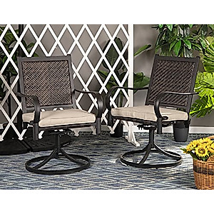 PHI VILLA Outdoor Patio Dining Set of 7, Rectangular Metal Steel Steel Slat Patio Dining Umbrella Hole Table, 6 Rattan Swivel Chairs with Cushion Furniture Set for Home Patio Porch Yard Garden Deck
