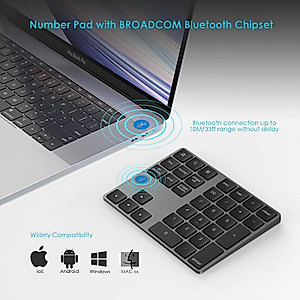 IKOS Bluetooth Number Pad, 34-Key Wireless Portable External Bluetooth Numeric Keypad with Multiple Shortcuts Compatible for Computer Laptop Windows Surface iMac MacBook Surface Pro (Black)