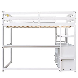 MERITLINE Full Size Loft Bed with Desk and Shelves, Wooden Loft Bed Full with Storage Drawers for Kids Teens Boys Girls,No Box Spring Needed (Full, White)