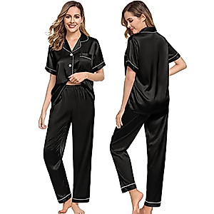 SWOMOG Pajamas Sets Women Silk Satin Sleepwear Short Sleeve Pjs Top with Long Pants Nightwear Set Loungewear Set Black