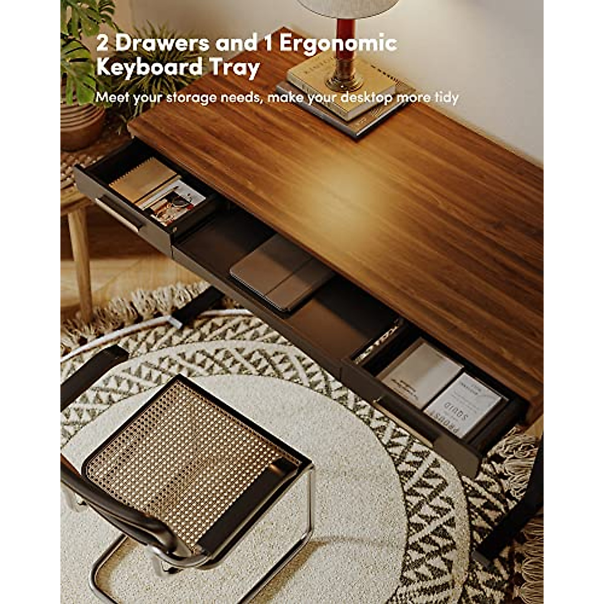 BANTI 48" x 26" Electric Standing Desk, Mid-Century Modern Desk with 3 Drawers, Stand Up Home Office Desks, Vintage Top