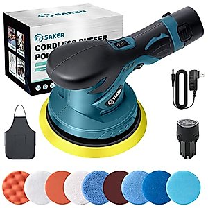 Saker Mini Cordless Buffer Polisher - 6 Inch Portable Polishing Machine Kit for Car Detailing, with 1PC 12V 2000mAh Rechargeable Battery, Extra 10 PCS Attachments