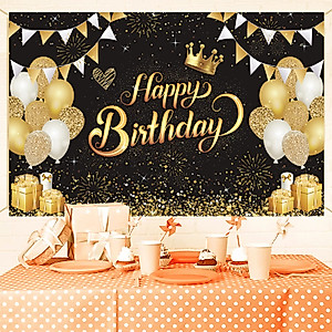 Black and Gold Birthday Backdrop for Men Women Happy Birthday Background Banner Black and Gold Party Decorations Cake Table Decor Banner Photo Booth Props 71×45inch（Black Gold）