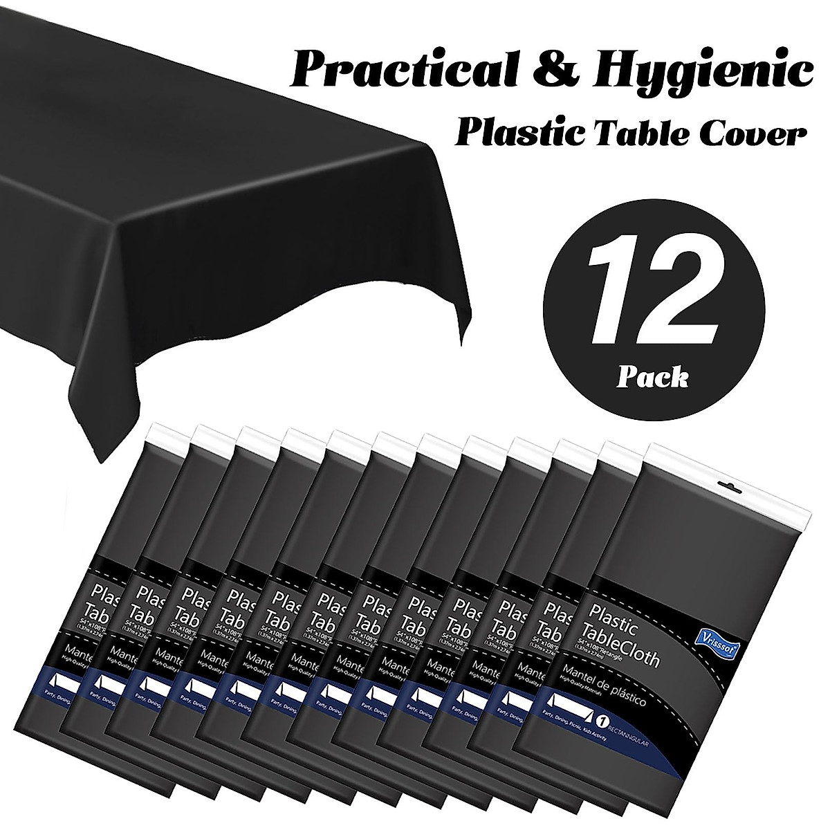 Vrisssot 12-Pack Black Plastic Tablecloth-54 x 108 in.Plastic Tablecloths for Rectangle Tables,Disposable Table Cloths for Parties,Banquet,Birthdays, Weddings.