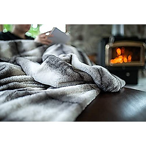 Double Sided Faux Fur Throw Blanket Silky Soft Oversized Afghan Machine Washable, Grey Striped Mink Chinchilla Shadow Fox (Charcoal, 60Wx70L)