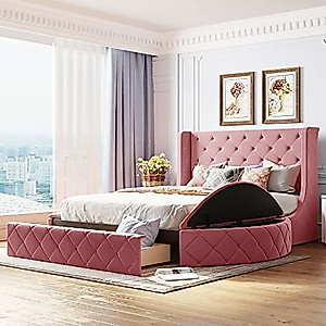 Merax Platform Bed Upholstered Bed Frame with Wingback Headboard, Frame and Slats, Velvet Upholstered Platform Bed with a Big Drawer and 2 Side Storage Stool, No Box Spring Needed, Queen (Pink)