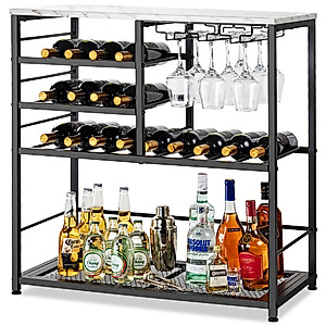 Wine Rack Table with Glass Holder, 32 Inch Modern Wine Bar Cabinet with Storage for 17 Bottle & 9 Glass, Table Liquor Bar Cabinets for Home, Bar, Kitchen, Buffet, Dining Room