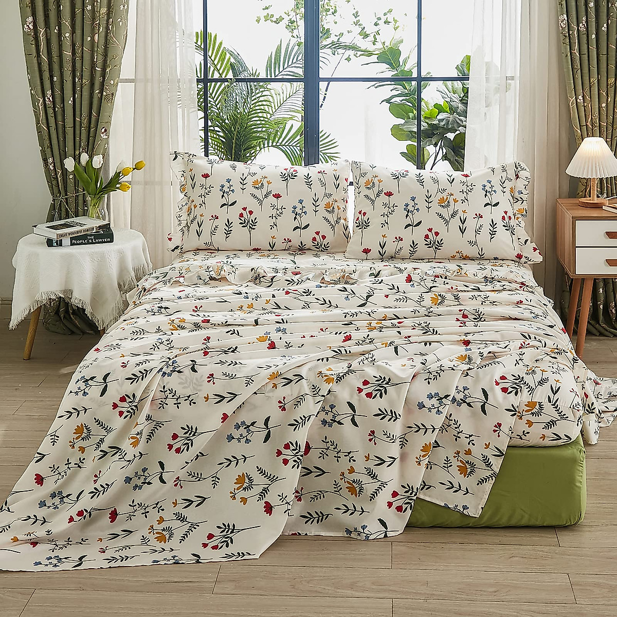 Floral Sheet Set Full Size, Flower Botanical Bedding Sheets with 1 Floral Flat Sheet, 1 Flower Fitted Sheet, 2 Pillowcases, Pastoral Style French Country Bed Sheets