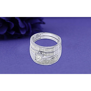 Dazzlingrock Collection 0.30 Carat Round White Diamond Double Row CLuster Trio Ring Set in 925 Sterling Silver, Women Size 8.5 and Men Size 10