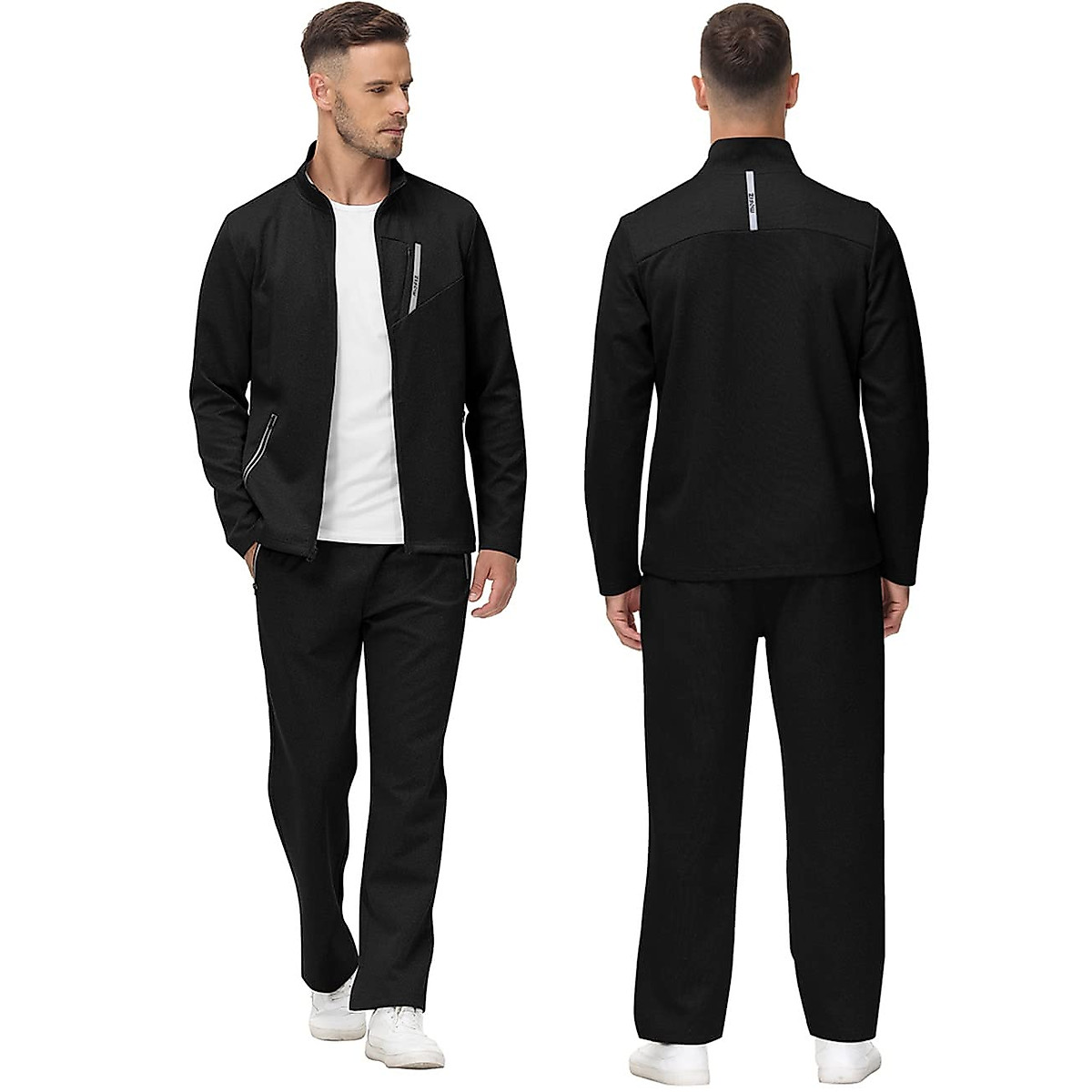 MoFiz Men's Tracksuits Full Zip Track Suits For men Solid Jogger Sets Windbreakers Jacket Track Pants 2 Piece Sets With 5 Pockets Classic Black L
