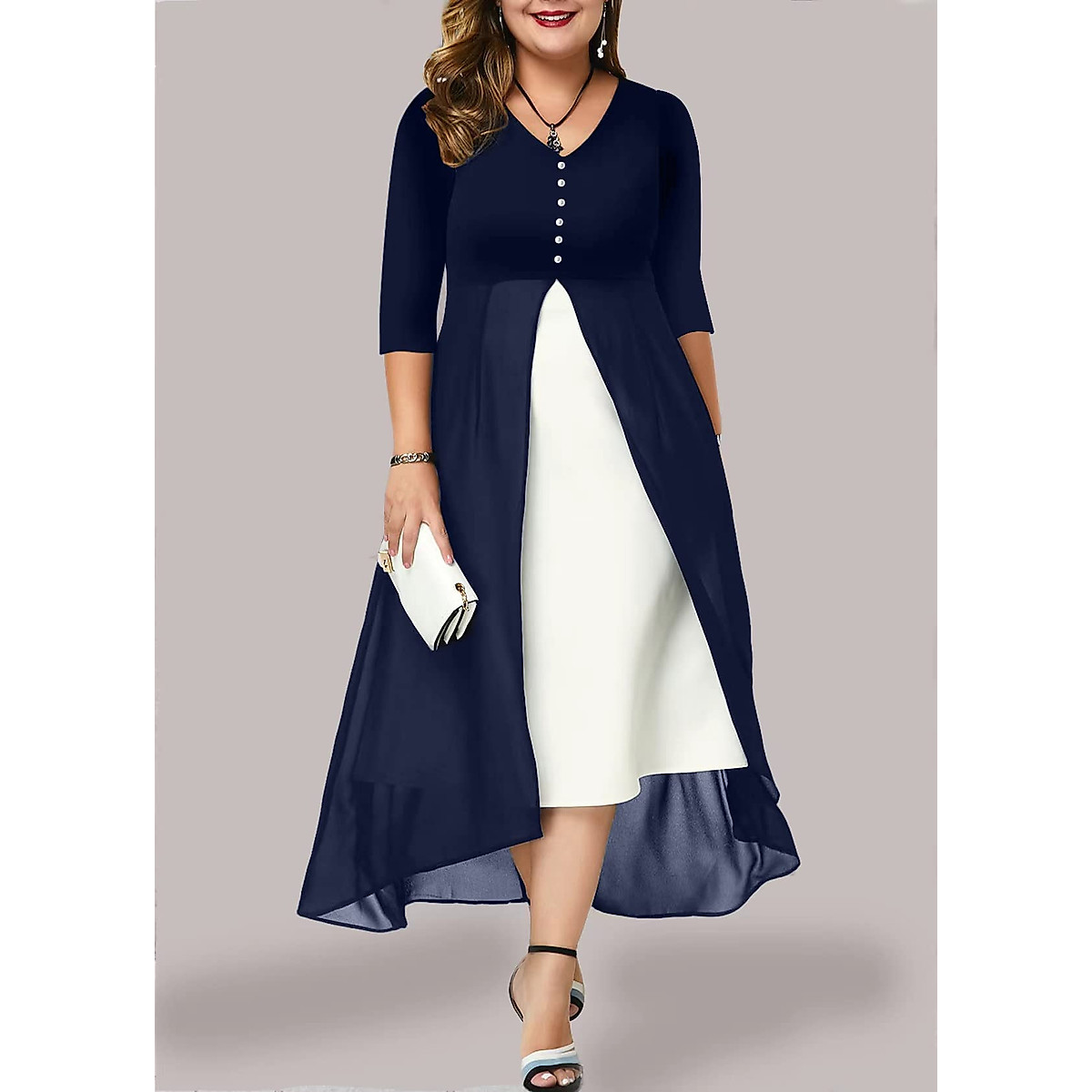 Jumpfolia Women's Plus Size 3/4 Sleeve V Neck Chiffon Contrast Panel Cocktail Semi Formal Midi Dresses Navy Blue