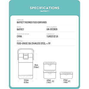 Baffect 67oz Thermos for Hot Food container 6 Hours, 3-Layer Stackable Food Thermal, Stainless Steel Vacuum Soup Insulated Food Jar, Leak-Proof Lunch Box for Office, School and Outdoor Picnic