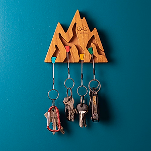 YY Vertical Mountain Decor Keyholder in Cherry Wood, Climb Every Mountain Wall Decor - Ideal Gifts for Mountain Climbers, 4 Key Rings Included - Perfect for Mountain Lovers…
