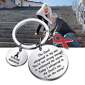 FUSTMW Stroke Awareness Keychain Stroke Warrior Gifts I Am The Storm Stroke Survivor Jewelry Recovery Gifts Red Ribbon Cancer Inspirational Gifts (silver)