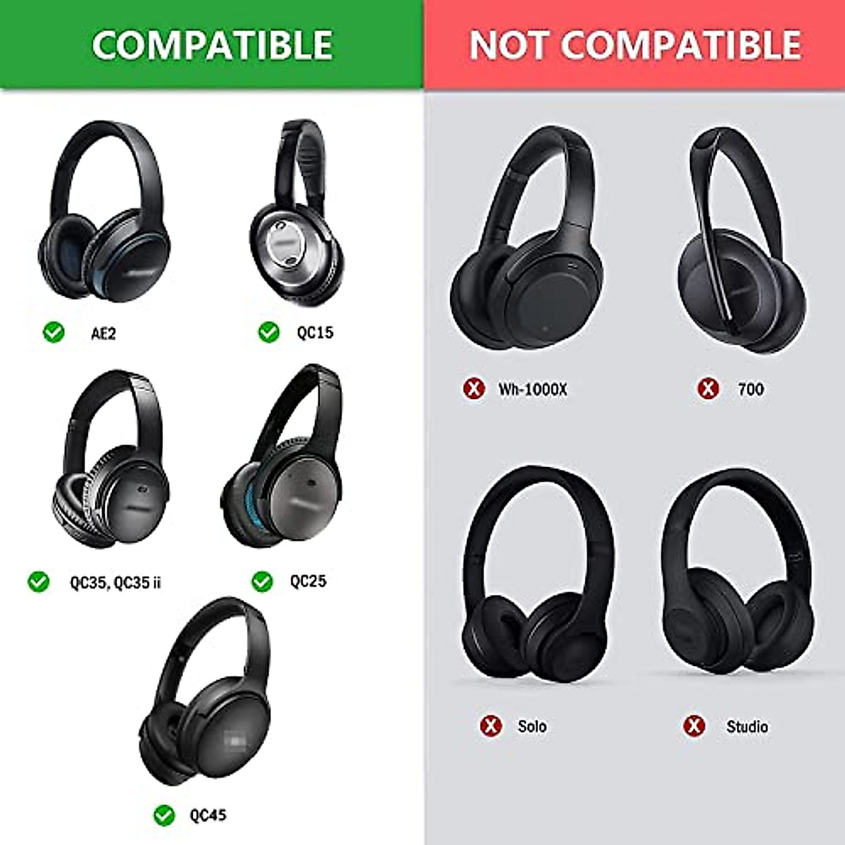 SOULWIT Silicone Ear Pads Cover Protector for Bose QuietComfort 15 QC15 QC25 QC2 QC35 QC45/Ae2 Ae2i Ae2w/SoundTrue & SoundLink AE Headphones Cushions, Sweatproof, Easily Washable - Black