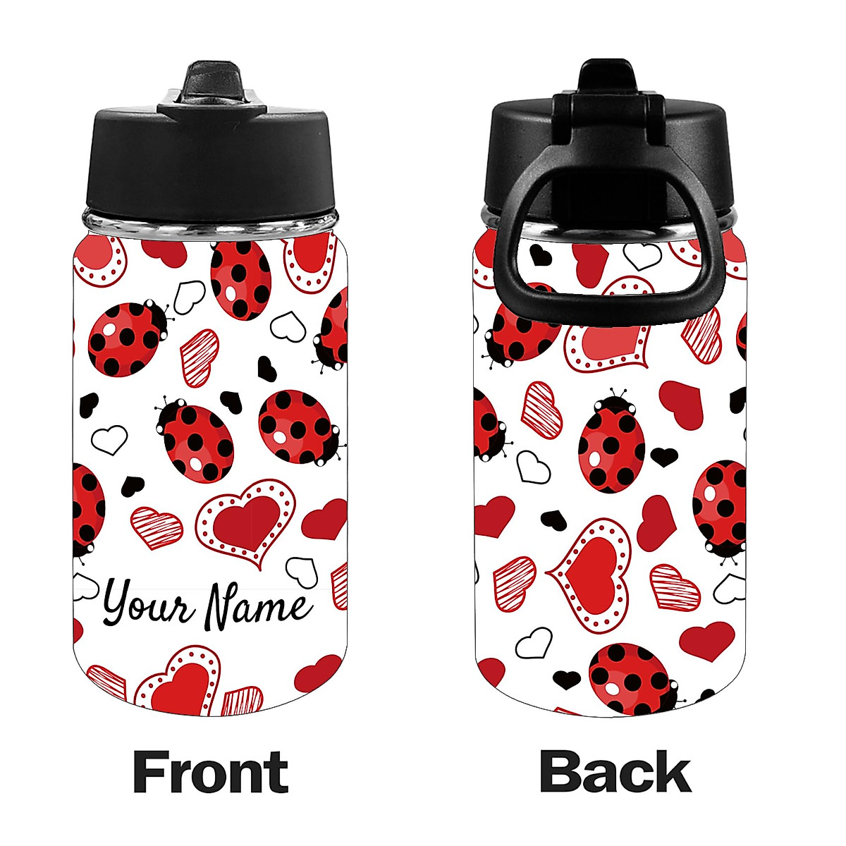 Personalized Kids Water Bottles with Silicone Straw Lid, Custom Stainless Steel Cute Funny Thermos with Name Text for Girls & Boys, Perfect for Travel, School, Outdoors, and Gym - Ladybugs
