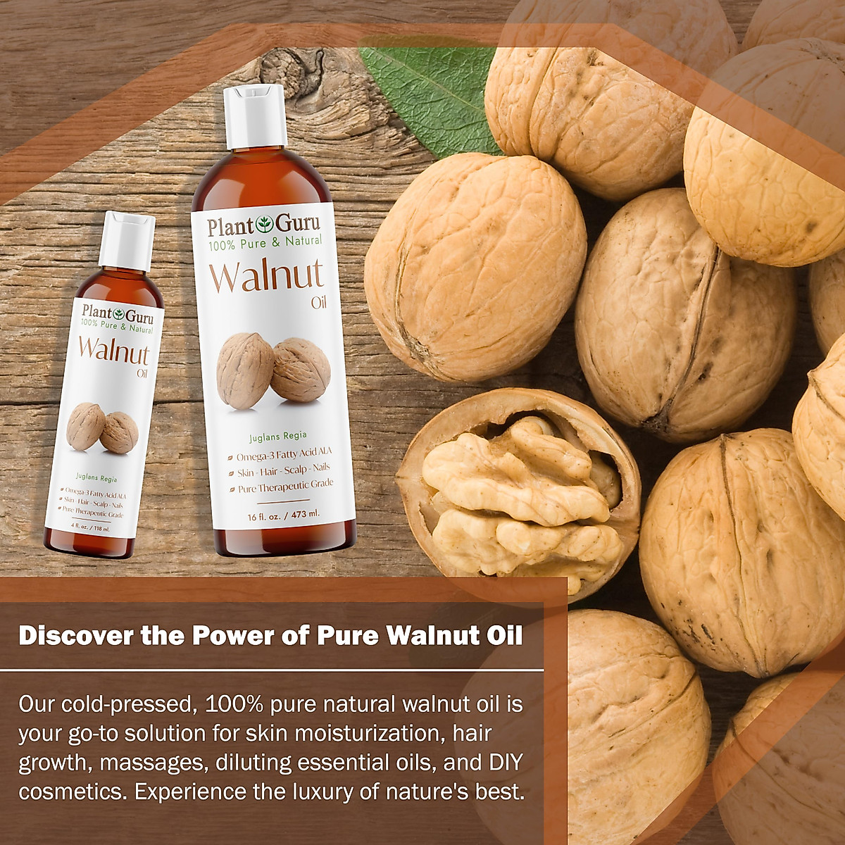 Walnut Oil 4 fl. oz. - Cold Pressed 100% Pure Natural - Skin, Body, Face, and Hair Growth Moisturizer. Great For Creams, Lotions, Lip balm and Soap Making
