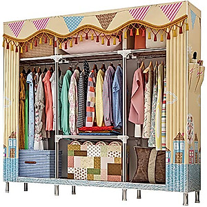 ZZBIQS Extra Large Wardrobe Clothes Storage Closet, Portable Garment Organizer Shelves Rack, Flannel Fabric Cover Standing Closet with Hang Rod and 2 Side Pockets, Beige