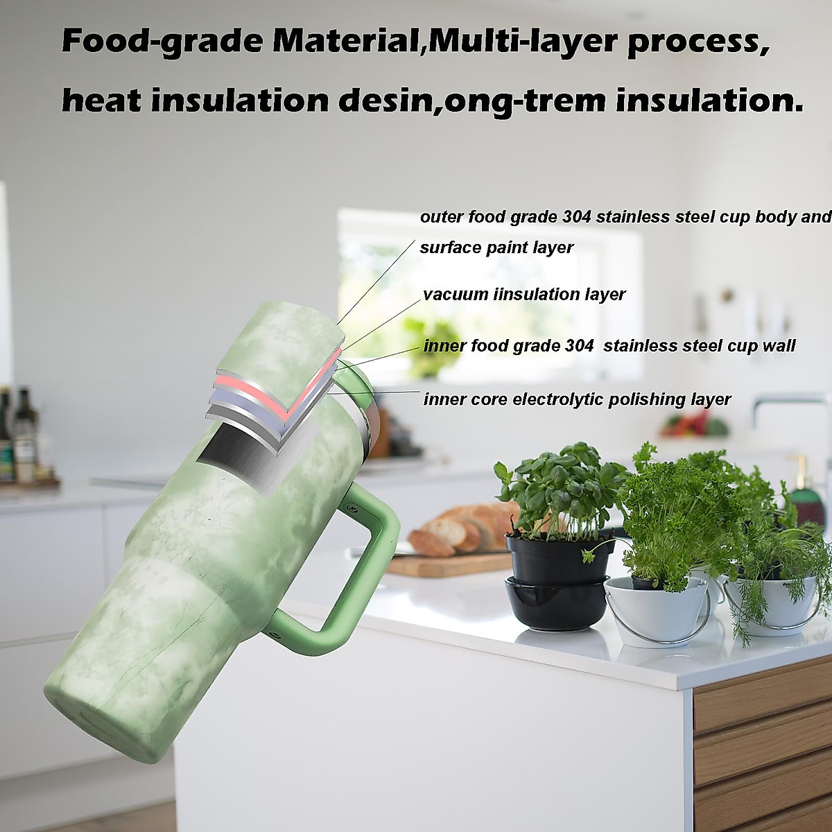 YOUEXPERT 30 oz Tumbler with Handle and Straw, 30oz Travel Cup Stainless Steel Water Bottle Outdoor Sports Tumblers - Green Tie Dye