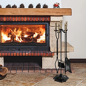 Tangkula 5 Pieces Fireplace Tools Wrought Iron Toolset 4 Tools & Decor Holder Indoor Outdoor Tong,Poker, Base, Shovel,Brush Fireplaces Hearth Accessories