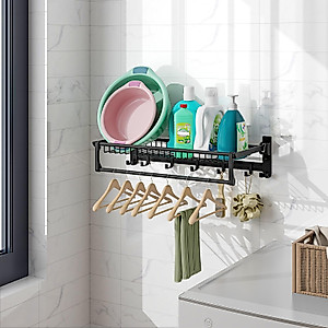 Tangkula Foldable Bathroom Shelf, Wall Mounted Bathroom Shelf Rack w/Adjustable Bar & Movable Hooks, Rustproof & Waterproof Space-Aluminum Holder Organizer, No Assembly Required (Black)