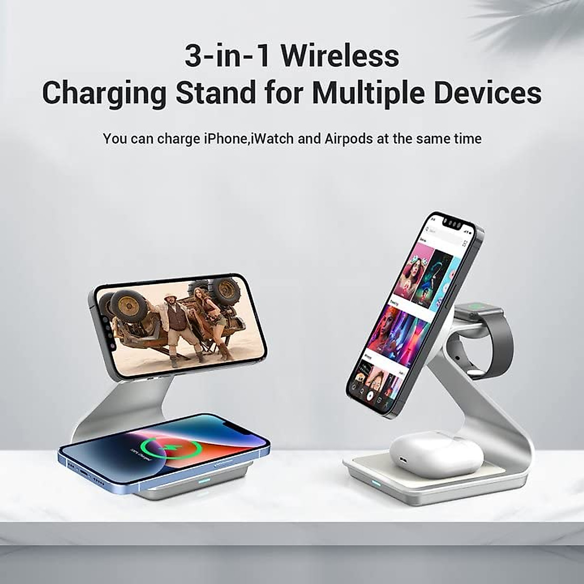 Foscomax 3 in 1 Magnetic Wireless Charging Station, 28W Fast Wireless Mag-Safe Charger Stand with QC3.0 Adapter,for iPhone 14,13,12 Pro Max/Pro/Plus, iWatch Ultra/8/se/7/6/5/4/3/2, AirPods(Silver)