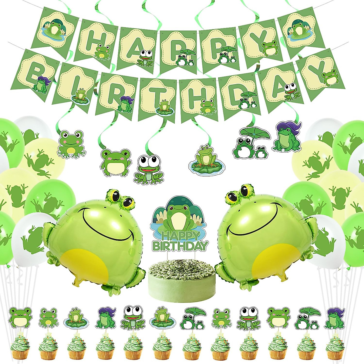 KEFAN Frog Birthday Party Supplies, Frog Birthday Party Decorations, Frog Themed Party Supplies Decor with Happy Birthday Banner, Cake Toppers, Balloons for Boys Girls Birthday Party1st Baby Shower