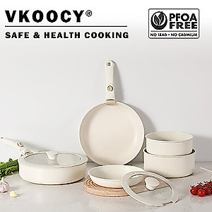 Vkoocy Non Stick Pot and Pan Set with Removable Handle, Ceramic Cookware Set Detachable Handle, Induction Kitchen Camping Stackable Pots Pans, Dishwasher/Oven Safe, Cream