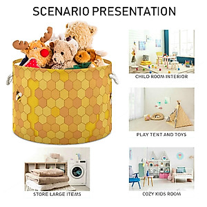 Large Round Storage Basket - Honey Bee Yellow Canvas Laundry Hamper Toy Storage Bin for Kid’s Living Room